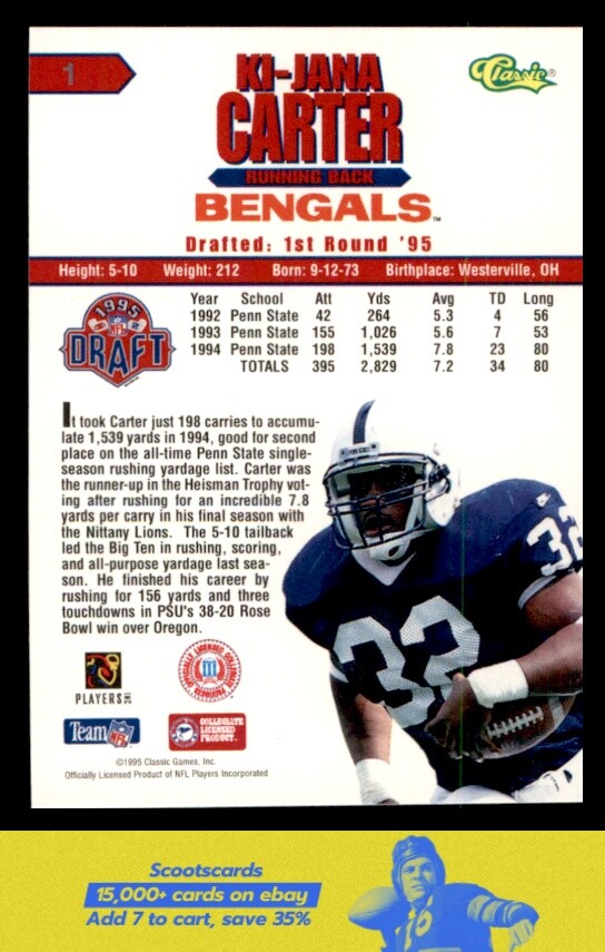 1995 Classic NFL Rookies Ki-Jana Carter #1 Cincinnati Bengals | eBay