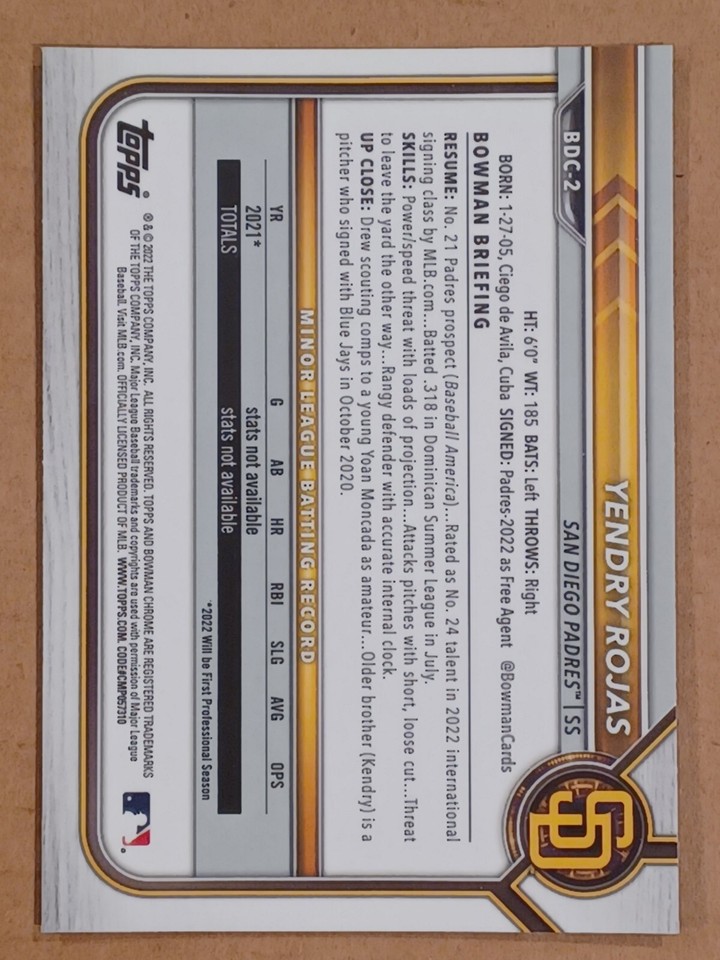 Yendry Rojas 2022 Bowman Draft Chrome Sky Blue #BDC-2 | eBay