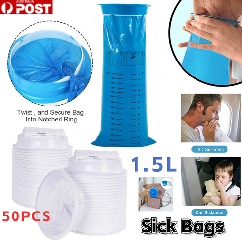 50 Sick Bags Vomit Bags Emesis Calibrated 1.5L Infection Control Secure ...