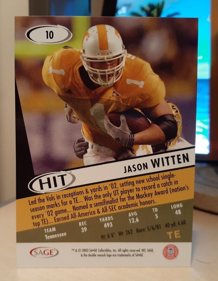 2003 JASON WITTEN HIT #10 ROOKIE DALLAS COWBOYS TENNESSEE VOLUNTEERS ...