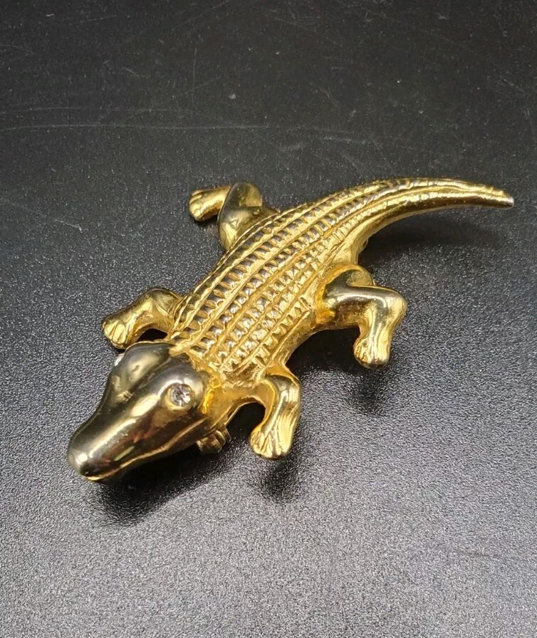 Vintage Alligator Gold Tone Brooch Pin Clear Rhinesto… - Gem
