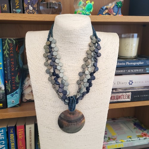 Statement Necklace Round Iridescent Shell Pendant Blue Wood Discs Multi ...