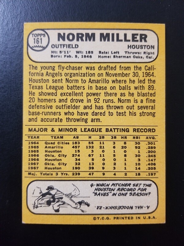 NORM MILLER 1968 TOPPS BASEBALL #161 HOUSTON ASTROS | eBay