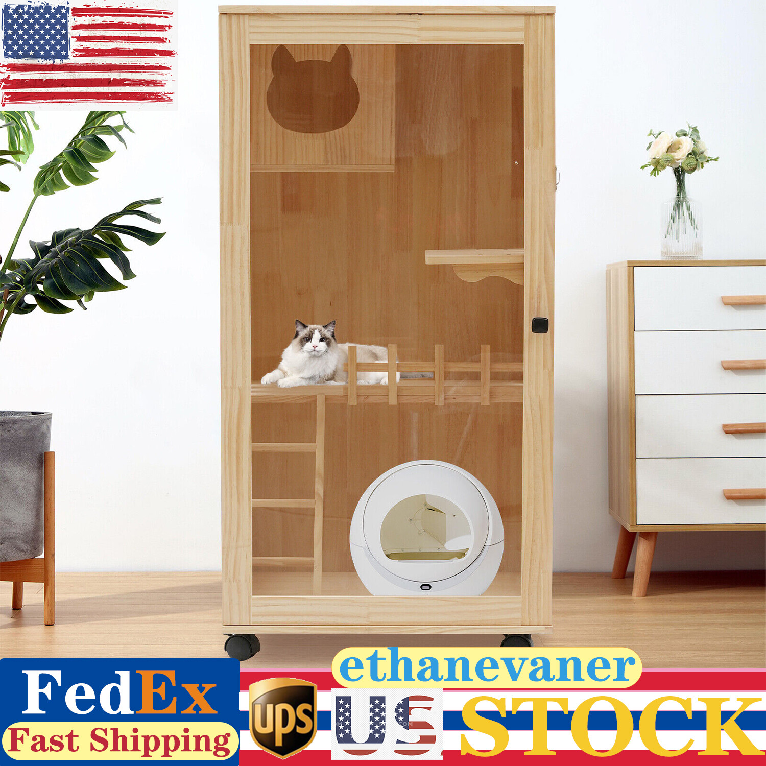 Large Wooden Indoor Cat Enclosure Catio Cage with Ramp and Covered Cat ...