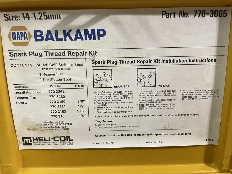 Napa Balkamp HeliCoil Spark Plug Thread Repair Insert Kit 14-1.25mm ...