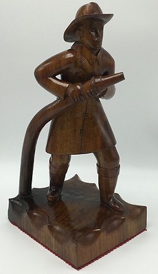 Vintage 1976 Large 6 x 11.5 Hand Carved Dark Solid Wood Fireman Fire ...