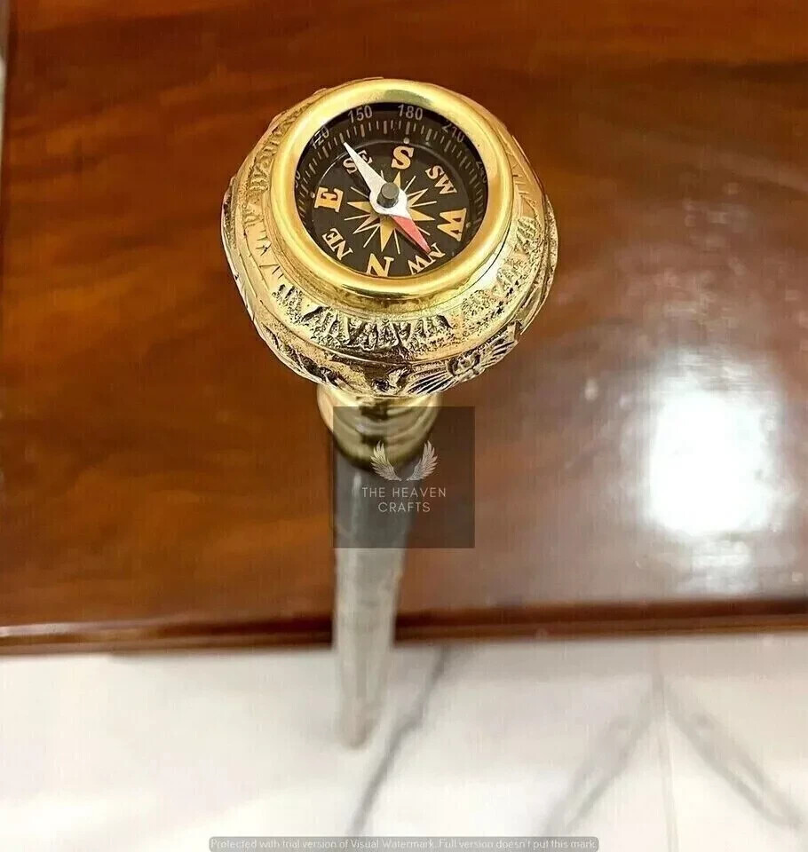 Brass Cane Wooden Walking Stick With Compass Designer Handle Antique ...