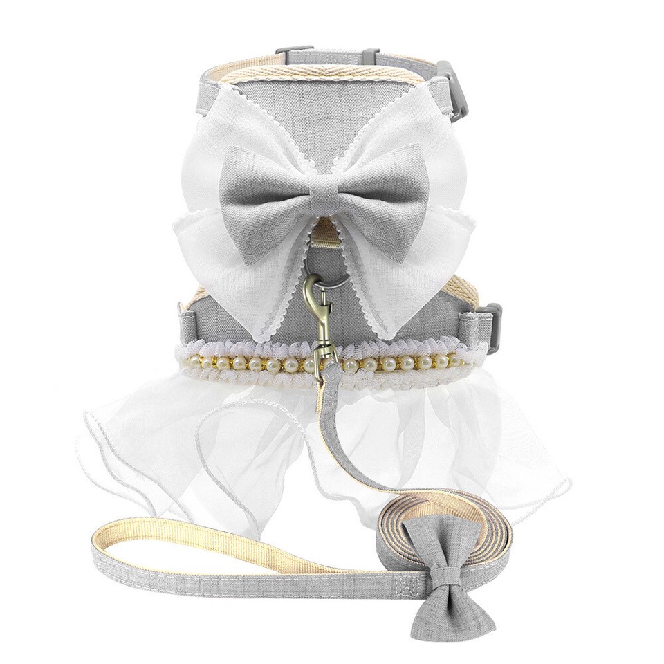 Fancy Girl Dog Dress Harness+Leash Pearl Bowtie Small Pet Puppy Cat ...