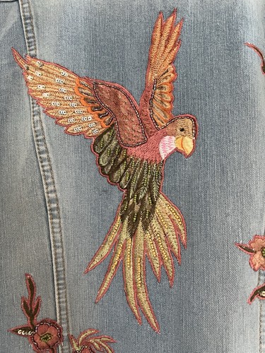 Chicos Embroidered Parrot & Flowers Light Denim Jacket Size 1. Nice ...