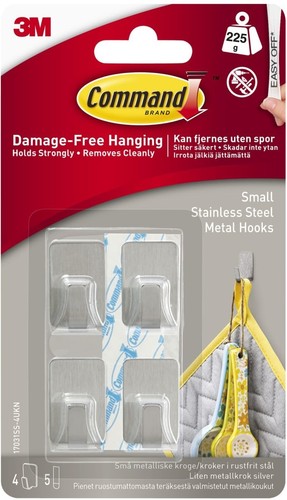 Command Small Stainless Steel Metal Hooks - 4 Hooks, 5 Adhesive Strips ...