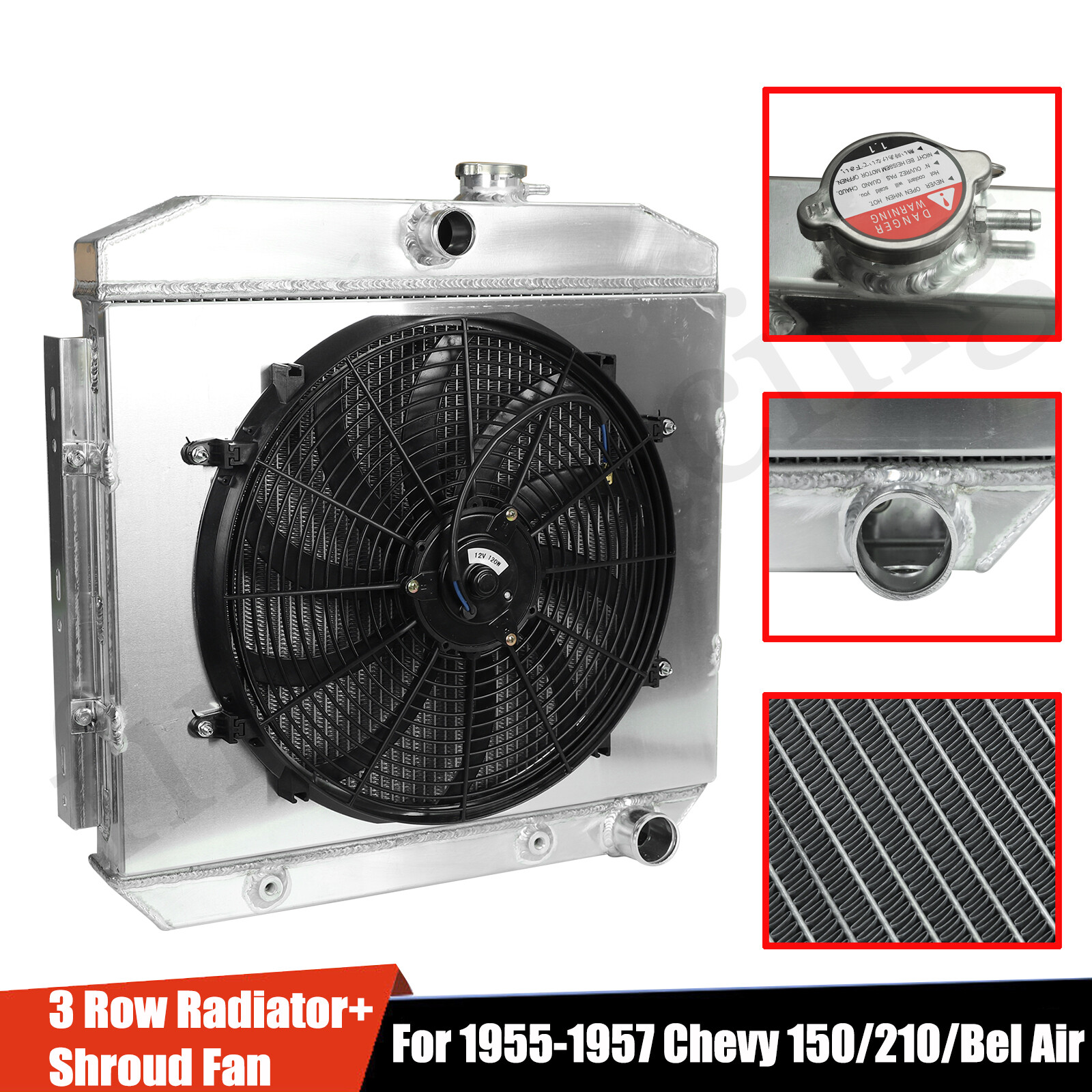 Cooling Radiator 3 Row Aluminum+Fan Shroud For 1955-1957 Chevy Block V8 ...