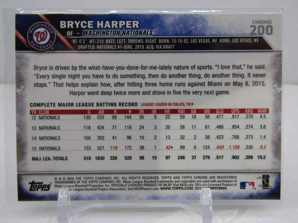 BRYCE HARPER 2016 TOPPS CHROME SEPIA REFRACTOR! WASHINGTON NATIONALS ...