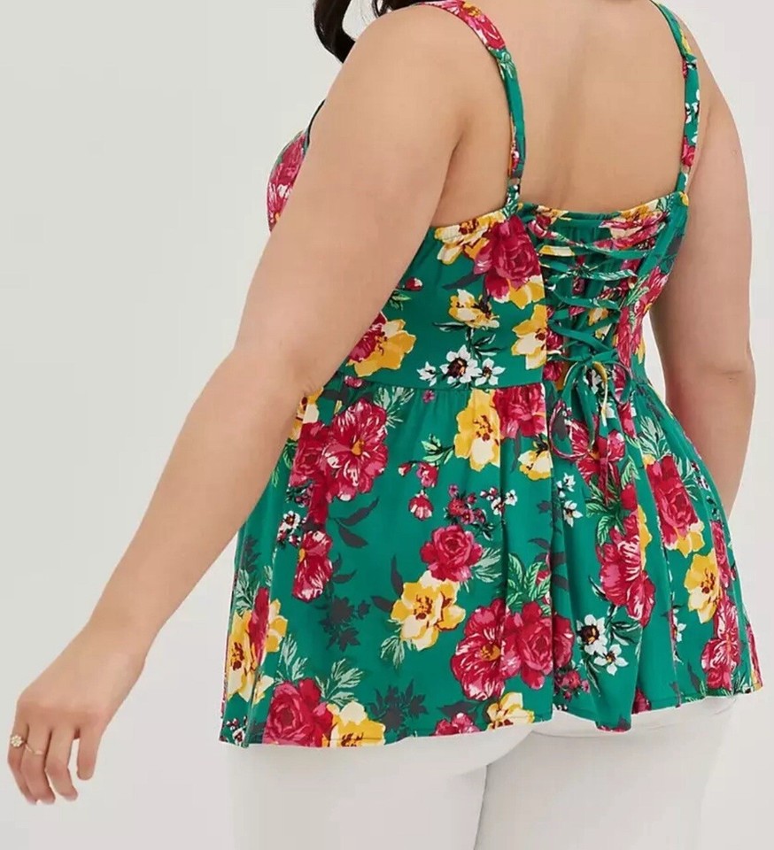 TORRID Green Floral Lace-up Back Fit & Flare Tank Top Tunic Top plus Sz ...