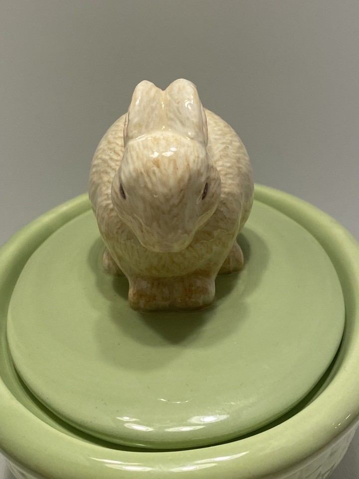 Hallmark Bunny Rabbit Ceramic Covered Candy Dish Green Easter Weaved ...