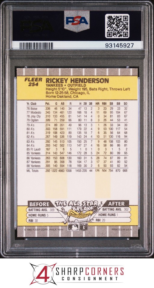 1989 FLEER #254 RICKEY HENDERSON YANKEES HOF PSA 10 | eBay