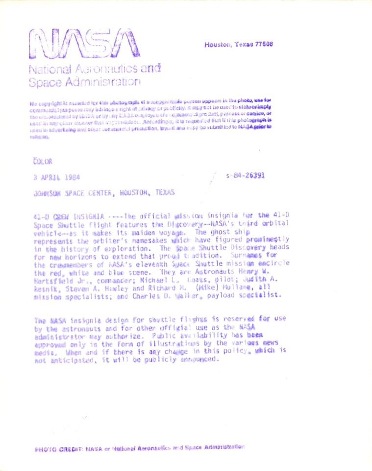 STS-41D Discovery Mission Patch Houston 1984 - Original NASA Photo | eBay