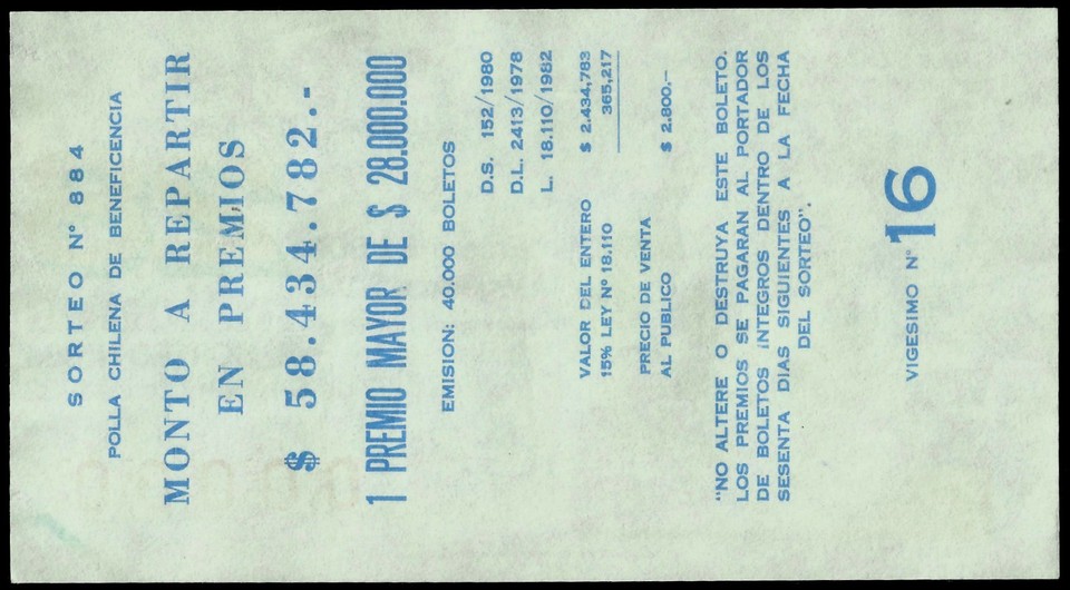CHILE, LOTTERY TICKET, "POLLA CHILENA", GAME # 884, YEAR 1982, NUMBER ...