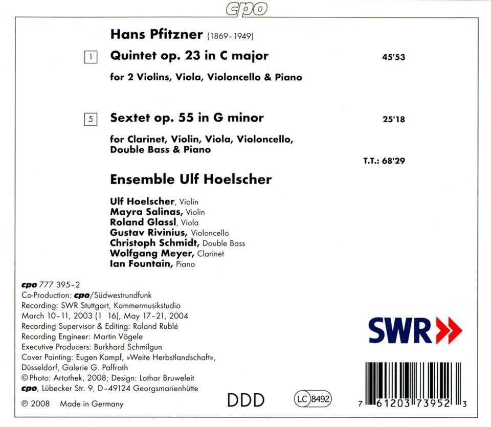 Pfitzner Piano Quintet Sextet ENSEMBLE ULF HOELSCHER CPO CD 777395-2 ...