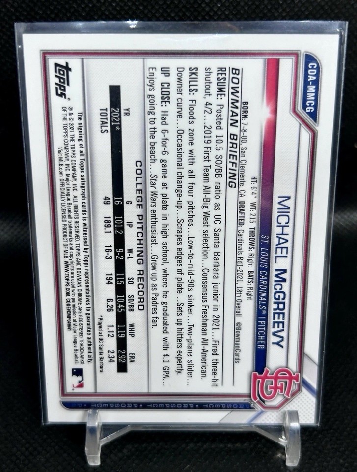 2021 Bowman Draft - Chrome Draft Pick Autographs Michael McGreevy #CDA ...