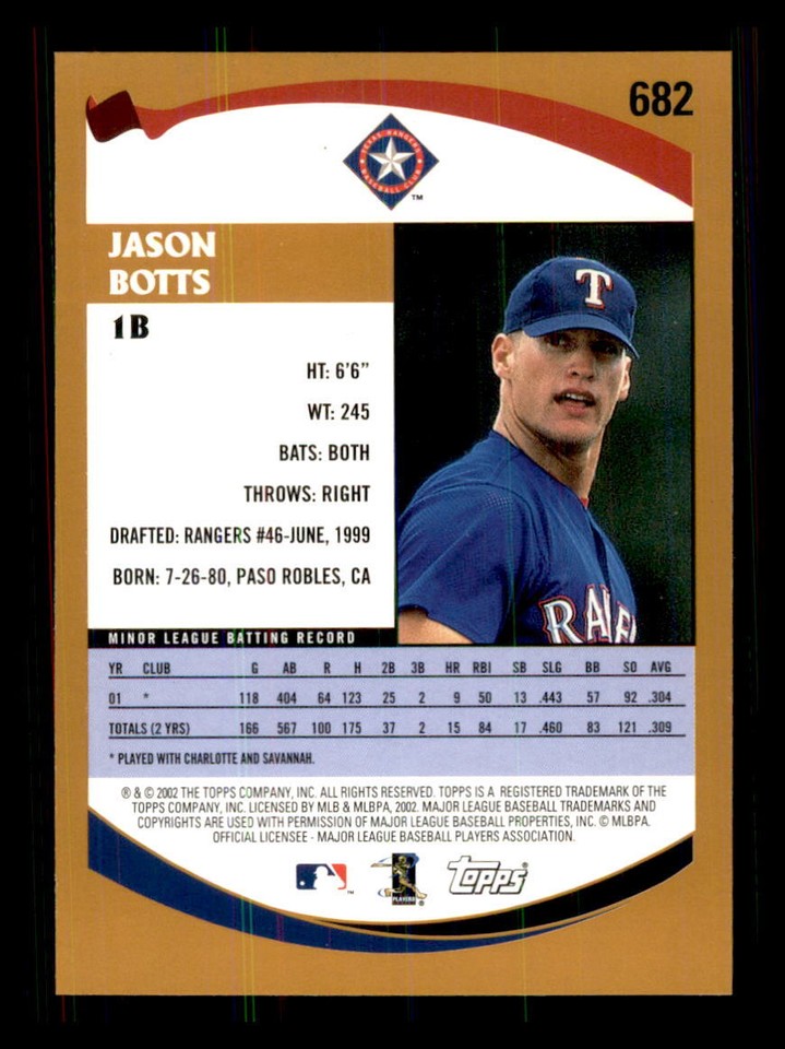 2002 Baseball Topps Jason Botts Texas Rangers #682 Prospects RC | eBay