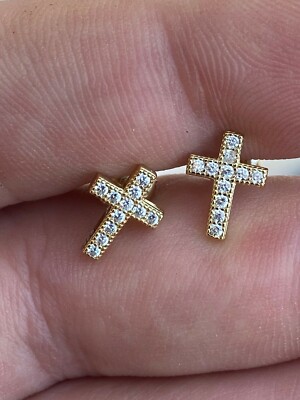 Aretes De CRUZ Plata De Ley 925 MACIZA En Baño De Oro 14K Con Diamantes ...