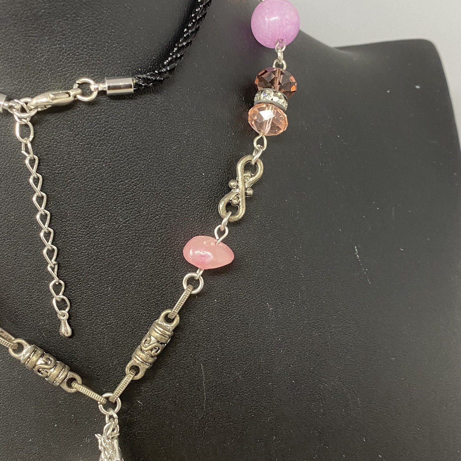 Crystal Pendant Necklace Pink Aurora Boreas & Stone Beads Cord Chain ...