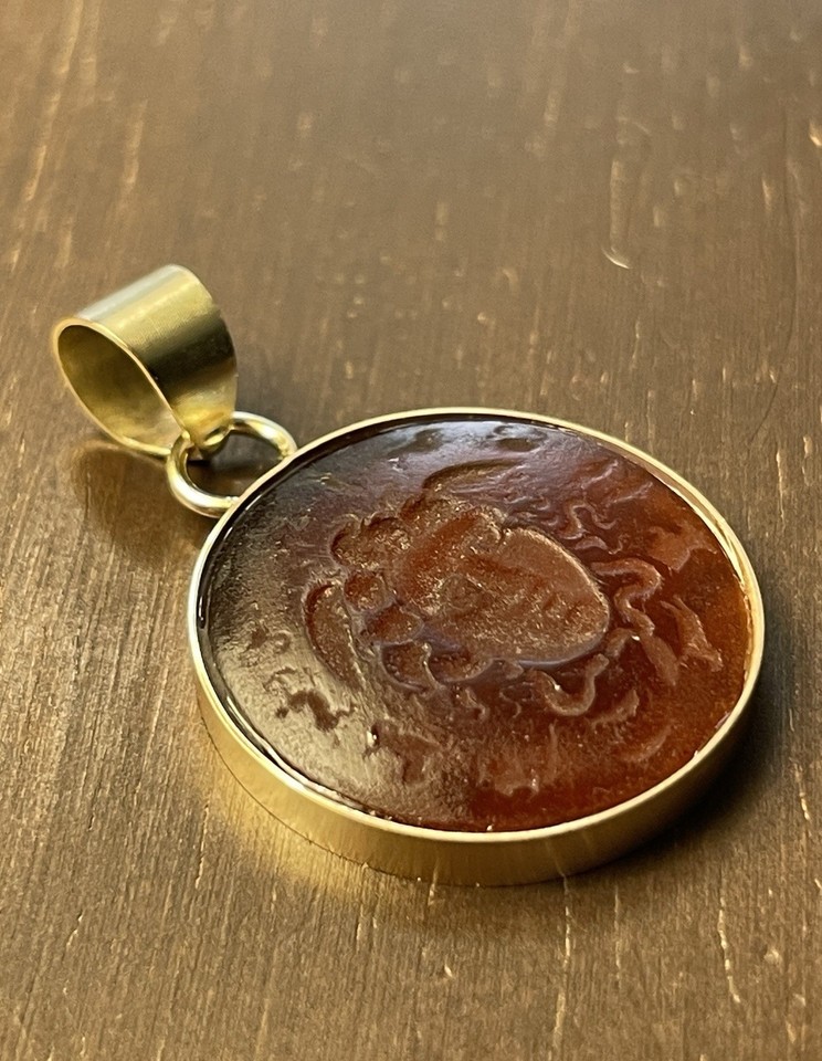 14K Solid Gold Tagliamonte Orange Venetian Glass Medusa Gorgon Intaglio ...