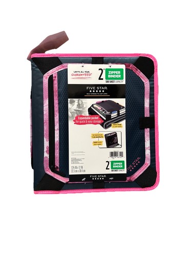 Five Star 2" Sewn Zipper Binder with Expansion Panel in Navy/Pink ...