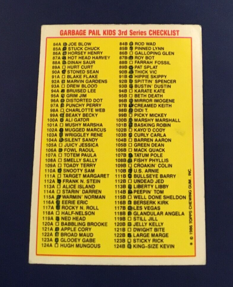 1986 Topps Garbage Pail Kids # 86a HORSEY HENRY Checklist Series 3 GPK ...