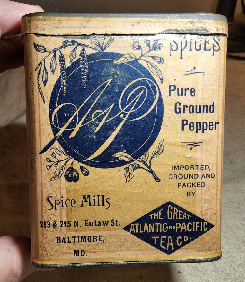 RARE ANTIQUE THE GREAT ATLANTIC AND PACIFIC TEA CO. SPICE TIN w/FULL ...