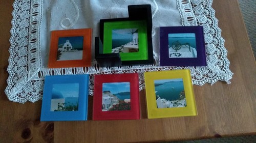 Set of 6 Coloured Glass Photo Coasters Picture Frame Placemats Drinks ...