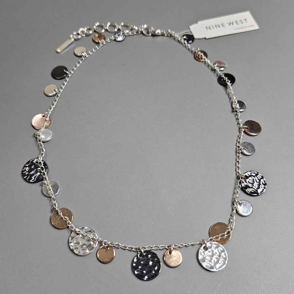 Nine West Dangling Disc Necklace Multi-Tone Hammered Coins Silvertone ...