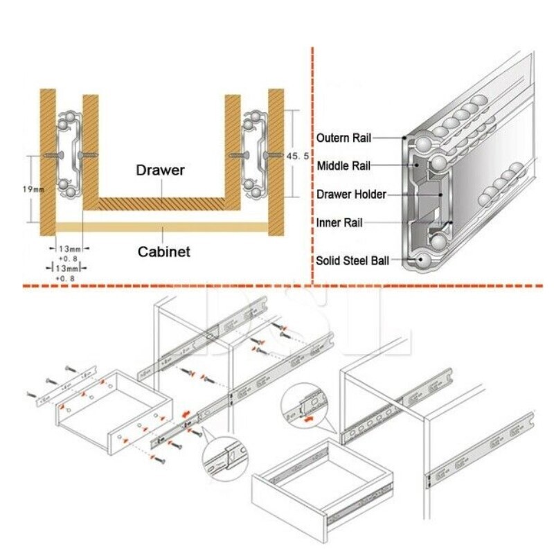 Heavy Duty Drawer Runners 350mm-700mm Ball Bearing Storage Cabinet Draw ...