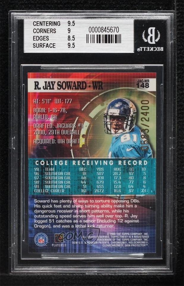 2000 Topps Finest Rookies /2400 R Jay Soward #148 BGS 9 MINT Rookie RC ...
