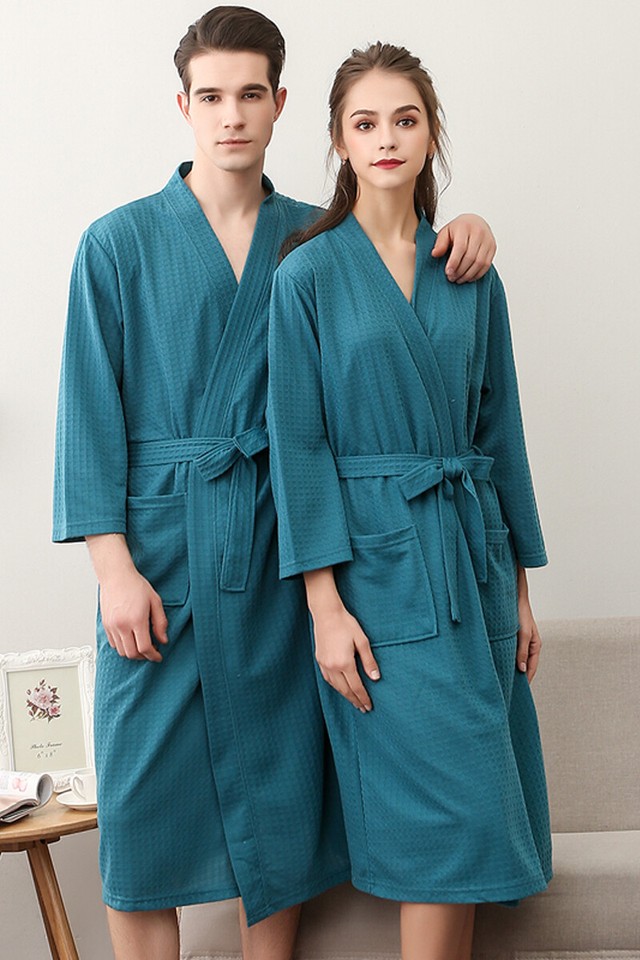 Cotton Grid Lace Up Pocket Couples' Thin Bathwear Bathrobe Sleep Robe ...
