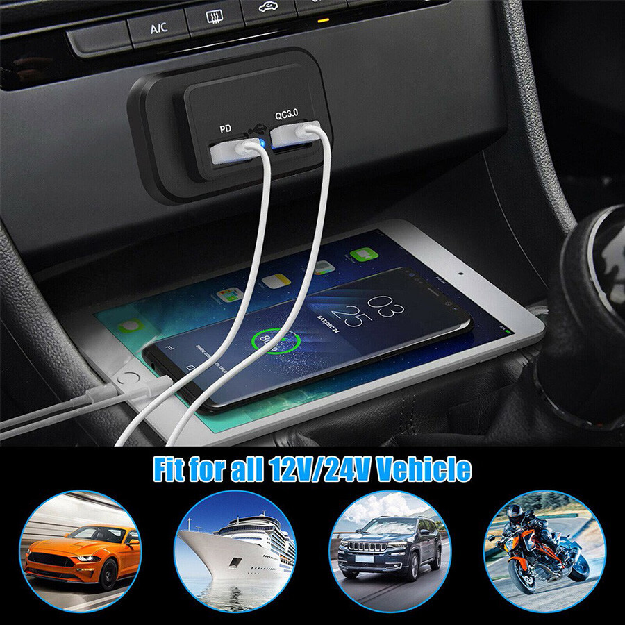 Dual USB Car Phone Charger Socket Power Outlet Panel Mount QC 3.0 Fast ...