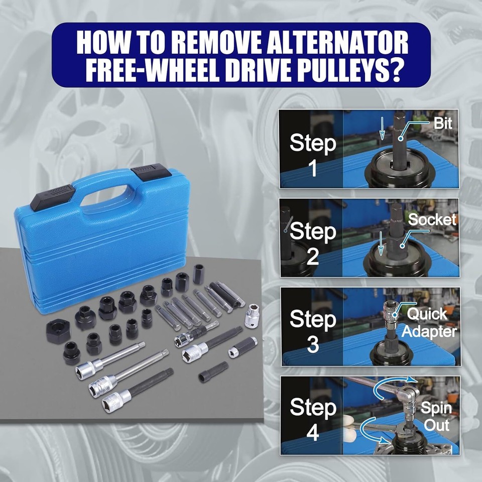 30PCS Alternator Pulley Removal Install Tool Kit Clutch Freewheel ...