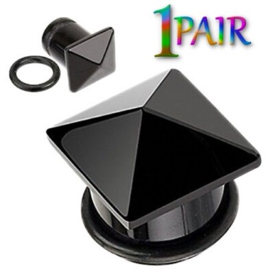 Pair 8g-25mm BLACK ONYX PYRAMID STONE PLUGS Single Flare Gauges Organic ...