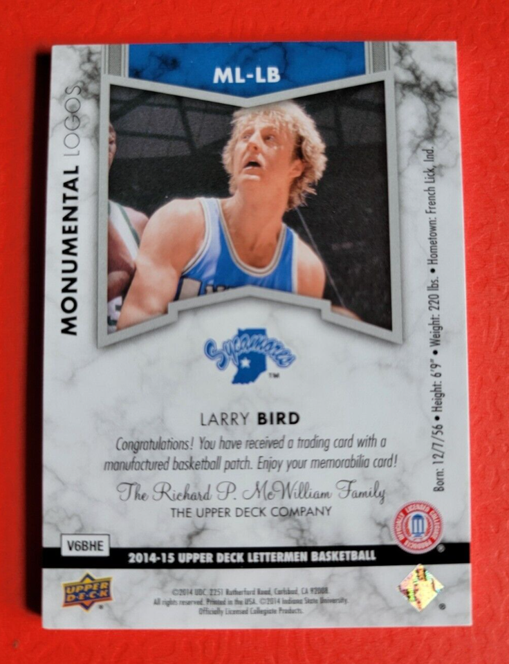 LARRY BIRD PATCH CARD #d1/30 UD LETTERMEN MONUMENTAL LOGOS INDIANA ...