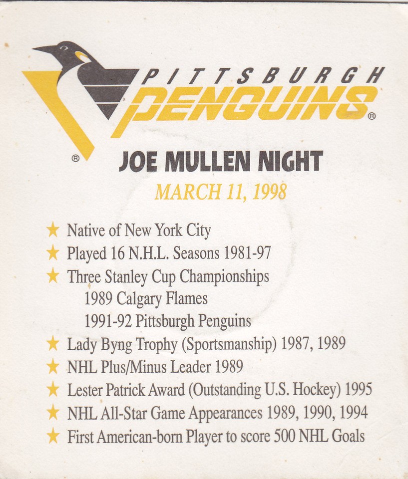 JOE MULLEN PITTSBURGH PENGUINS COIN GIVEAWAY JOE MULLEN NIGHT MARCH ...