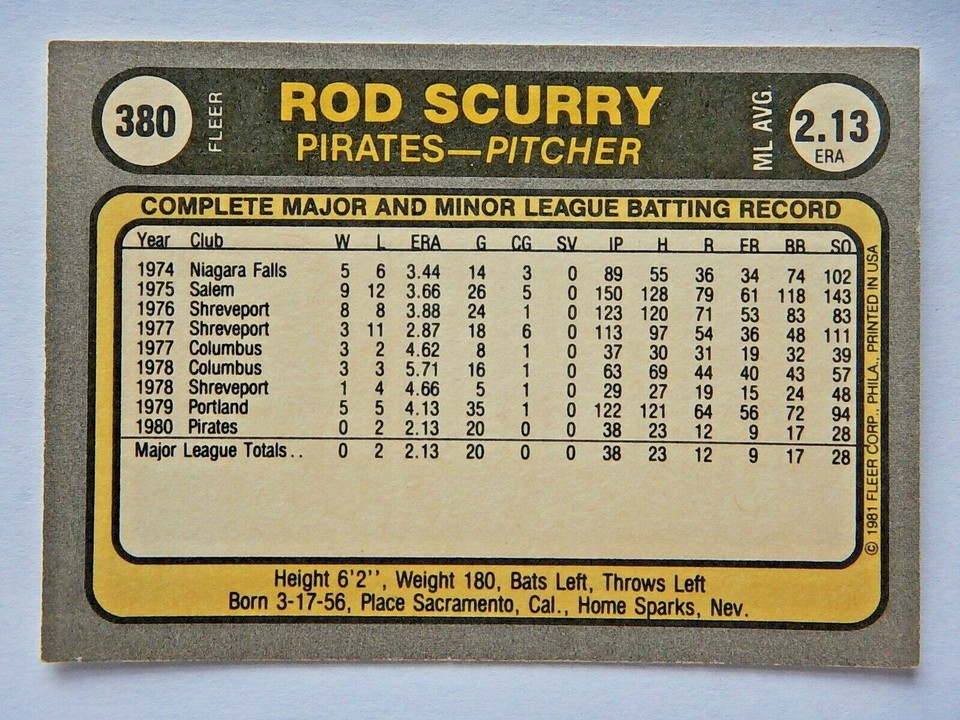 Rod Scurry #380 Fleer 1981 Baseball Card (Pittsburgh Pirates) VG | eBay