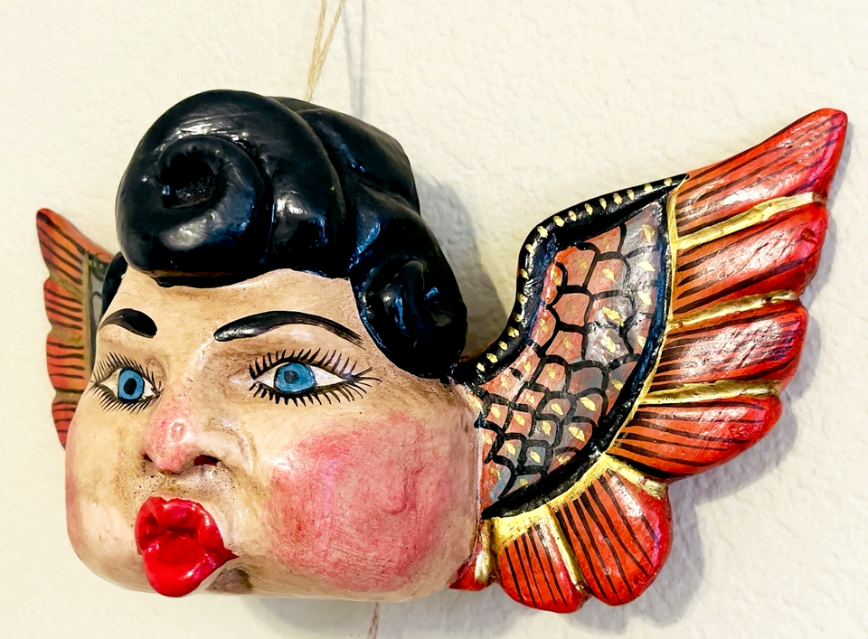Mexican Folk Art Angel Cacheton 13" Bust Hanging Wood Cupid Chubby ...