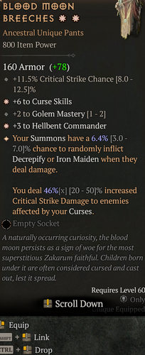 Diablo 4 S9 Season 9 Blood Moon Breeches 2GA special affix high roll 6. ...