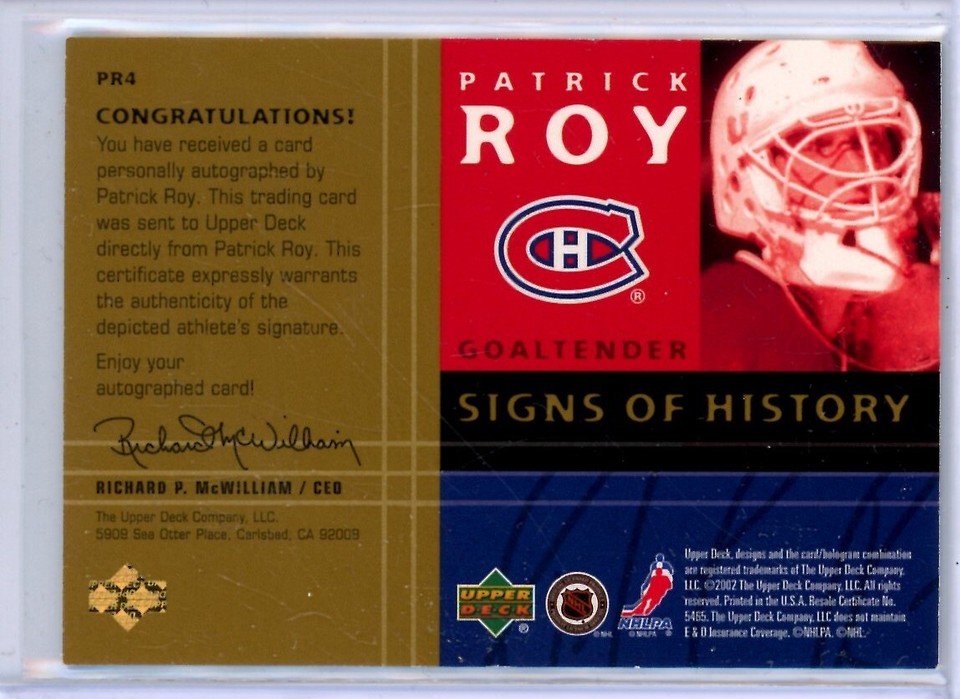2001-02 UD Mask Collection Signs of History #PR4 Patrick Roy AUTO 10/33 ...