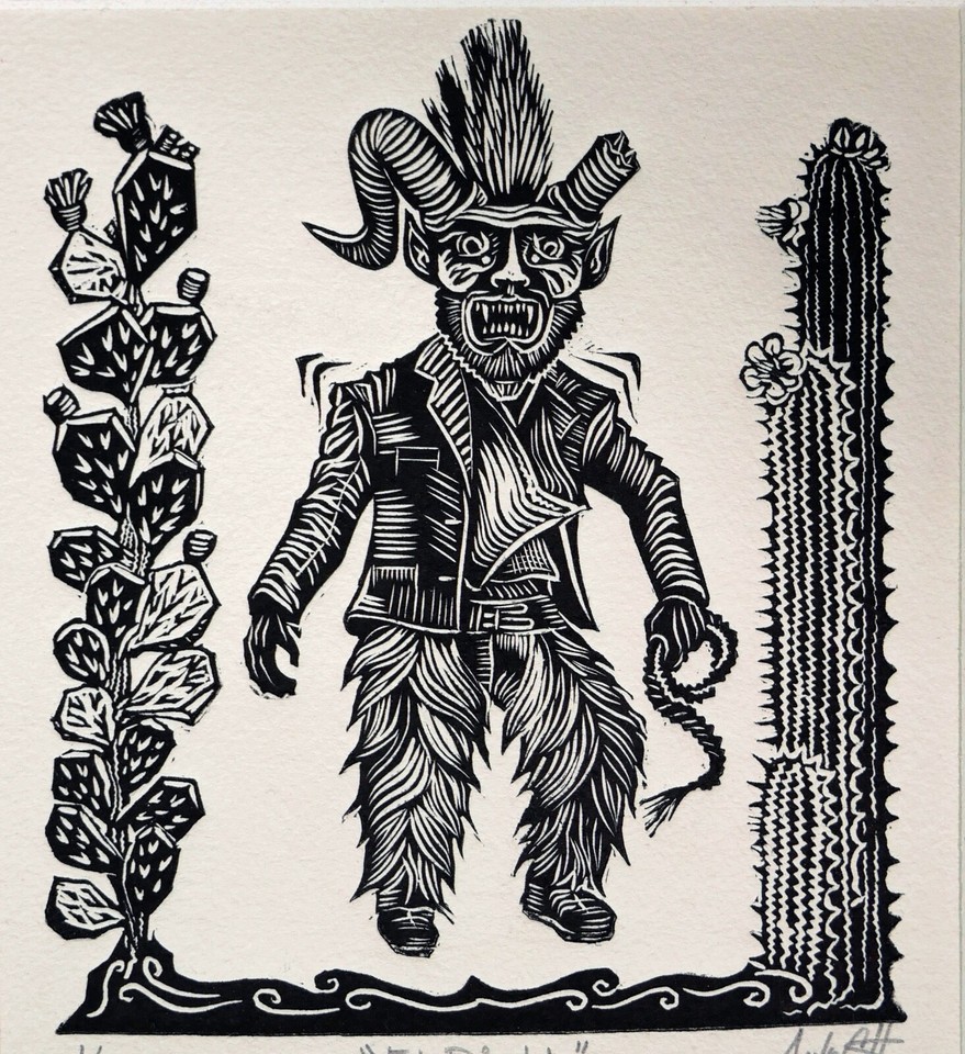 Devil Demon Cactus Woodcut Print Handmade UnFramed Julio Suarez Mexican ...
