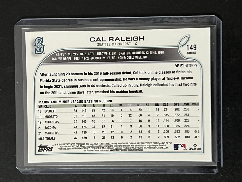 Cal Raleigh 2022 Topps Chrome True Rookie Card #149 Mariners Star RC | eBay