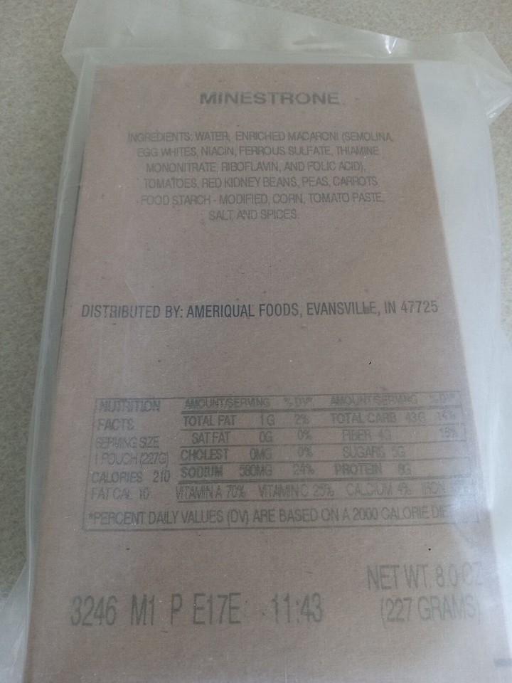 MRE Black Beans Burrito/Minestrone salt pepper nutra bar spoon ...