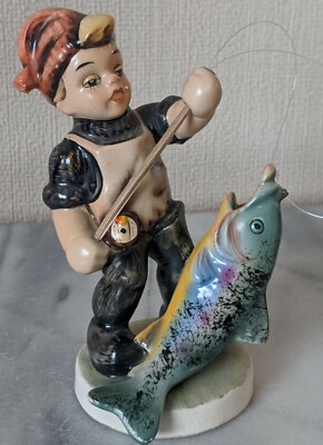 Friedel Figurine Boy Fishing, Western German Porcelain, Vintage **VGC ...