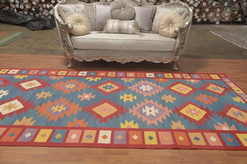 Hand Woven Blue Kilim Area Rug 6x12 Ft Reversible Geometric Oriental ...