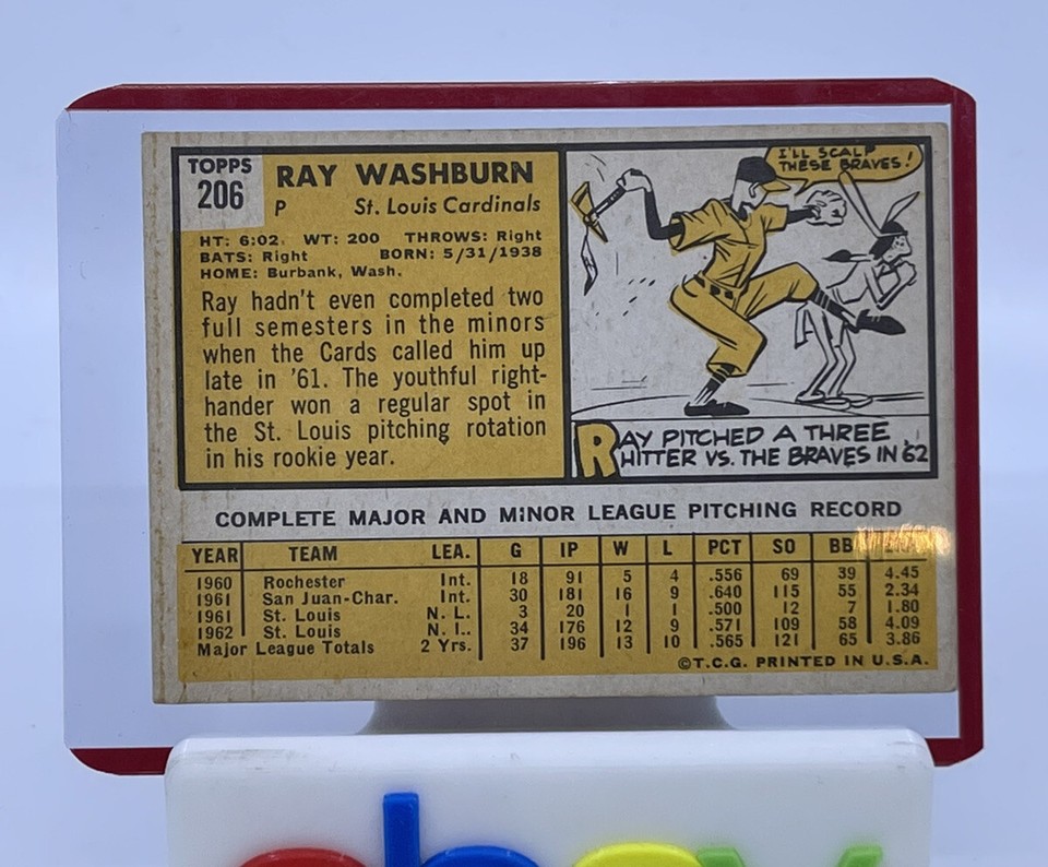 1963 RAY WASHBURN Signed Topps 206 St. Louis Cardinals AUTOGRAPHED RARE ...